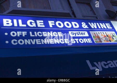 Illuminated shop sign of "Bilge Food" convenience store corner shop ...