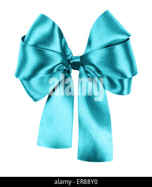 cyan green silk bow and ribbon decoration object on white as frame ...