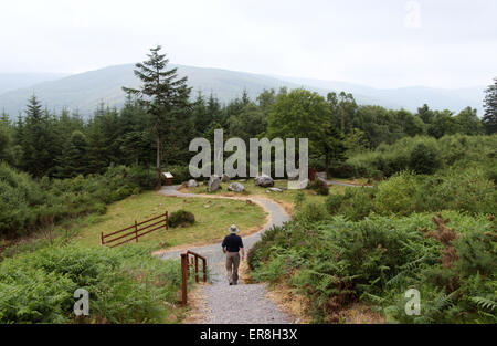 Tourist at Bonane Heritage Park in Ireland walking towards Dromagorteen ...