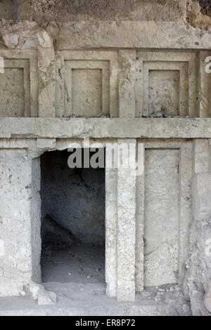 The entrance to ancient rock-cut tombs constructed in the 1st century A ...