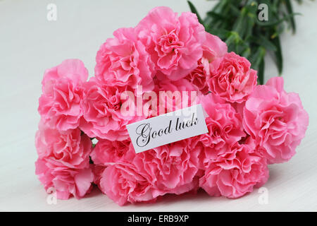 Beautiful carnation flowers and card with text FRIENDSHIP DAY on light ...