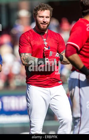 Texas Rangers Josh Hamilton celebrates hitting a double during the ...