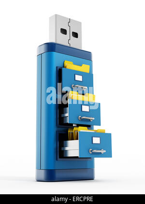 White blue USB memory stick standing 3D render illustration isolated on ...