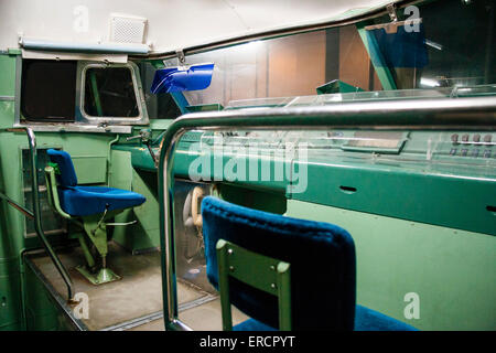 Japan, Osaka Transport museum. Interior of an early Shinkansen train ...