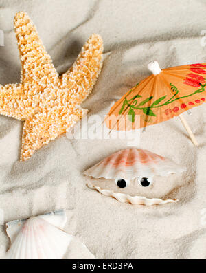 Funny shells with eyes at the beach with the sea in the background ...