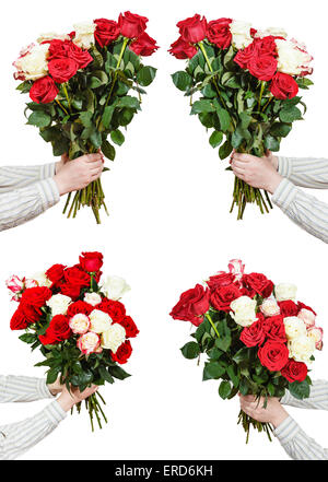 set of bunches of many rose flowers in male hands isolated on white ...
