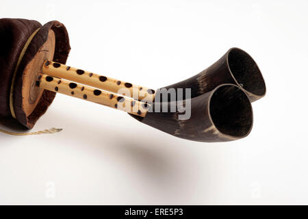 Double chanter and cowhorns on a set of Arabic bagpipes. Traditional ...