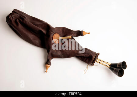 Double chanter and cowhorns on a set of Arabic bagpipes. Traditional ...