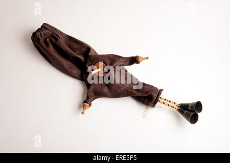 Double chanter and cowhorns on a set of Arabic bagpipes. Traditional ...