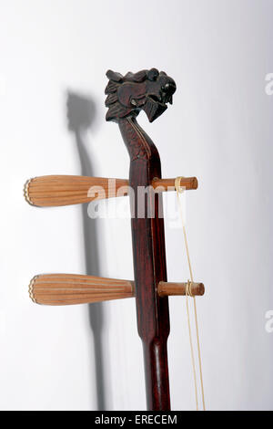 Erhu, detail showing the python skin covered resonating chamber, the ...