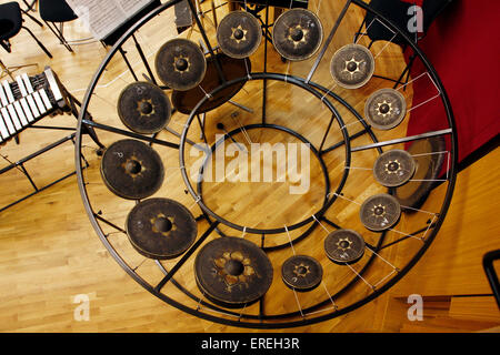 Gongspiel or gong chime. Tuned chromatic gongs suspended in a circle on ...