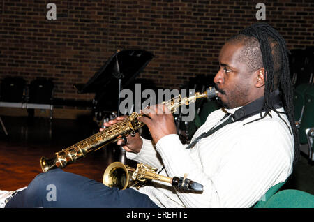 Jason Yarde playing soprano saxophone during sound checks with ...
