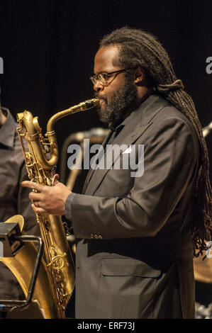 Jason Marshall, the American baritone saxophone player, performing with ...