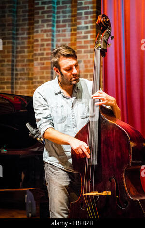 Norwegian bass player Mats Eilertsen during sound checks with the Alexi ...