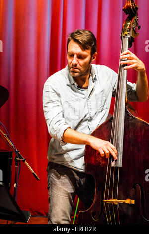 Norwegian bass player Mats Eilertsen during sound checks with the Alexi ...