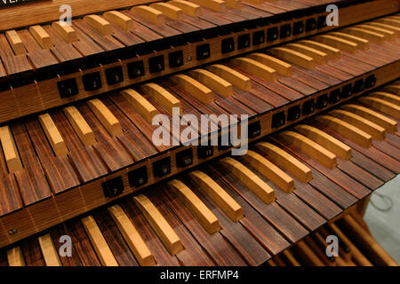 Three manual organ keyboards with keys made of wood Stock Photo - Alamy
