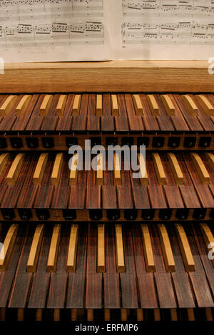 Three manual organ keyboards with keys made of wood Stock Photo - Alamy