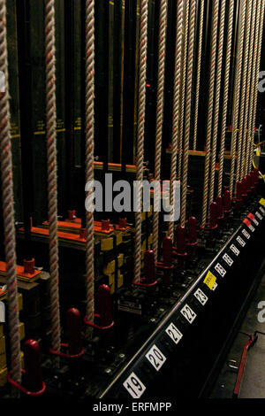 Fly gallery - ropes or roping at the side of a stage used to raise ...