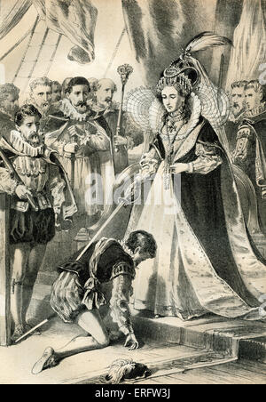 Queen Elizabeth I knights Francis Drake on his ship, 'Golden Hind ...