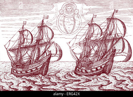 The ships of the Barents expedition. Engraving from 'The three voyages ...