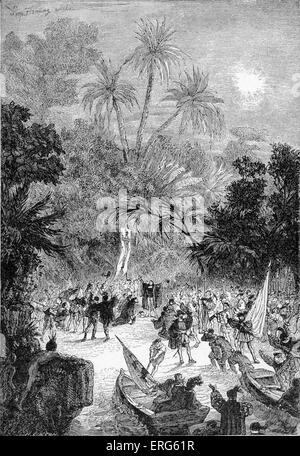 Christopher Columbus landing at Hispaniola in 1492, engraving from ...