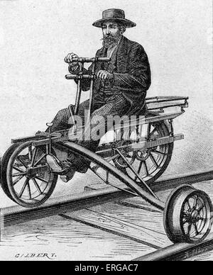 A nineteenth century three wheeled velocipede on a railroad track Stock ...