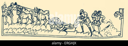agriculture, ploughing, farmer with plough, drawing after medieval ...