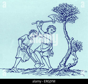 Medieval illustration of men felling a tree with an axe to clear a ...