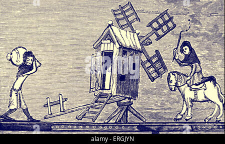 Medieval illustration of a windmill and miller, 14th Century Stock ...