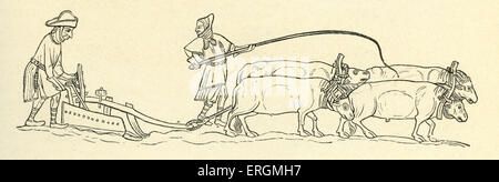 agriculture, ploughing, farmer with plough, drawing after medieval ...