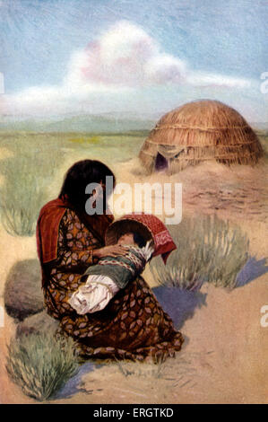 Native American woman from the Pima tribe, Arizona, weaving a basket ...