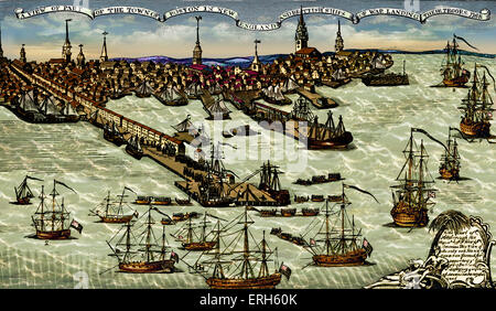 Landing of British troops at Boston harbour, 1768. Engraving by Paul ...