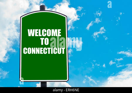 Welcome To Connecticut Green Road Sign Over Blue Sky with Some Clouds ...