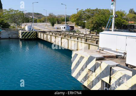 Lowering of the submersible bridge at Isthmia on the Corinth canal ...