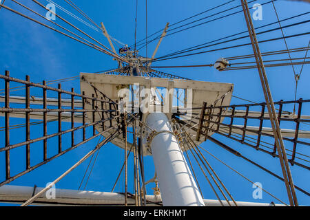 Main-mast Rigging of old sailing cargo ship, Douarnenez Harbour Stock ...