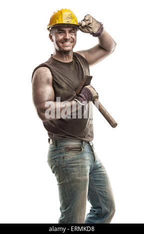 helmet and hammer on gloves Stock Photo - Alamy