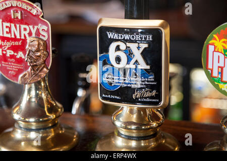 Real ale beer hand pumps Stock Photo - Alamy