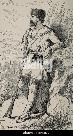 Daniel Boone in a coonskin cap. Digitally colored woodcut Stock Photo ...