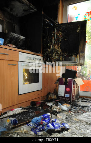 Burned kitchen after fire caused by cigarettes Stock Photo - Alamy