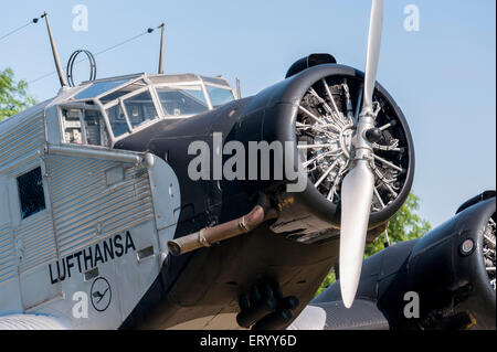 Detail of the propeller and motor of a Junkers Ju 52/3m trimotor plane ...