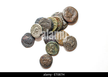 A lot of old coins with portraits of kings on a white background Stock ...