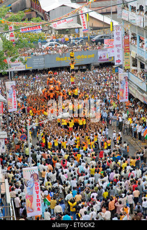 Aerial view of human pyramid ; Dahikala ; Janmashtami janmashtmi gokul ...