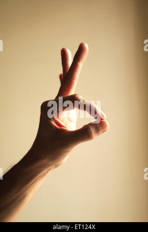 pressing thumb and index finger, forefinger, first finger, second ...