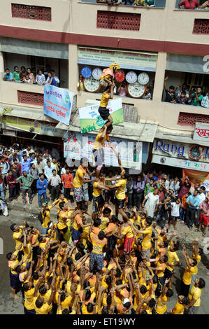 Indian crowds of a human pyramid to break the Dahi handi an earthen pot ...