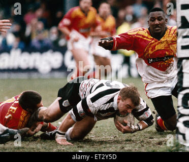 Widnes v Sheffield Eagles, Rugby League match. Paul Hume dragged ...
