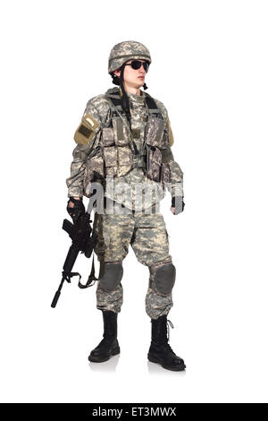 soldier holding his assault rifle isolation on white Stock Photo - Alamy