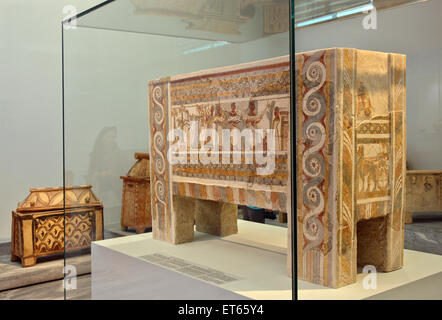 The Hagia Triada sarcophagus in the Heraklion Archaeological Museum in ...