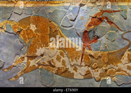 Painting of the sport of bull jumping, Minoan Culture, Ruins of Knossos ...