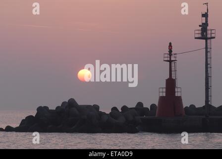 Marina di Ravenna (Italy), outer dam of the harbour, navigation signals ...