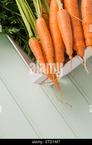 Carrots inside white wooden box on the light green wooden table Stock ...